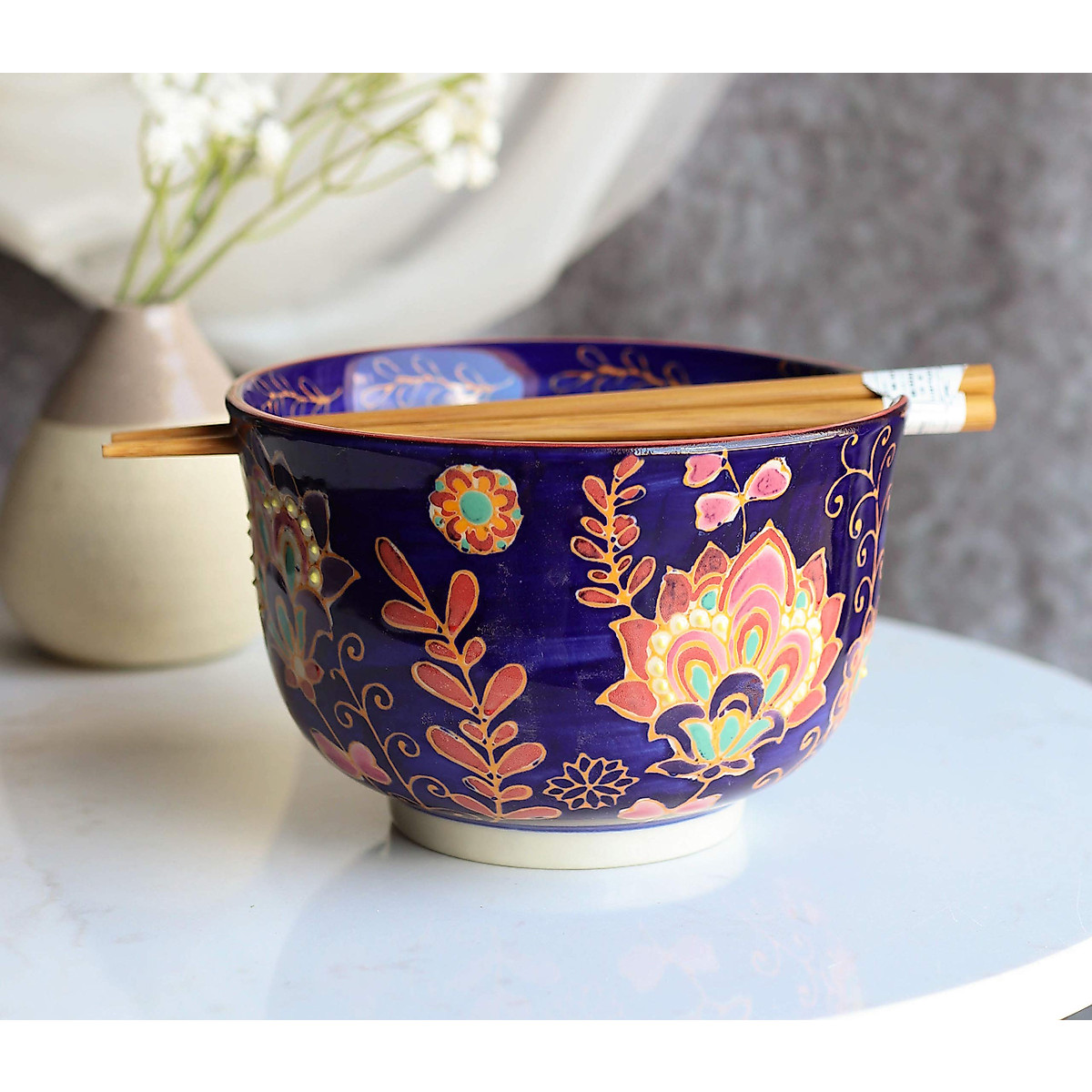 Ebros Midnight Purple Mandala Purple Floral Blossoms Ramen Udon Noodles Large 6.25"D Soup Bowl With Bamboo Chopsticks And Built In Rest Set for Asian Dining Rice Meal Bowls Decor Kitchen