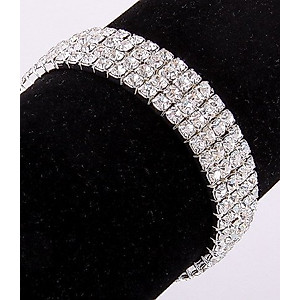 BSI Wedding Bridal 4-row Rhinestone Elecstic Bracelet Silver Plated Paw, Clear Crystal Rhinestones ~ Classic ~