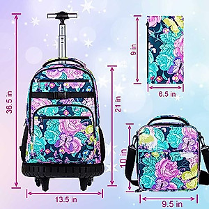 Rolling Backpack for Girls, 21 Inch Water Resistant Flowers Butterfly Bookbag with Roller Wheels, Elementary Wheeled Backpacks for Teens Students School Travel