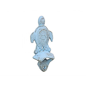Hampton Nautical Rustic Light Blue Cast Iron Wall Mounted Sea Turtle Bottle Opener