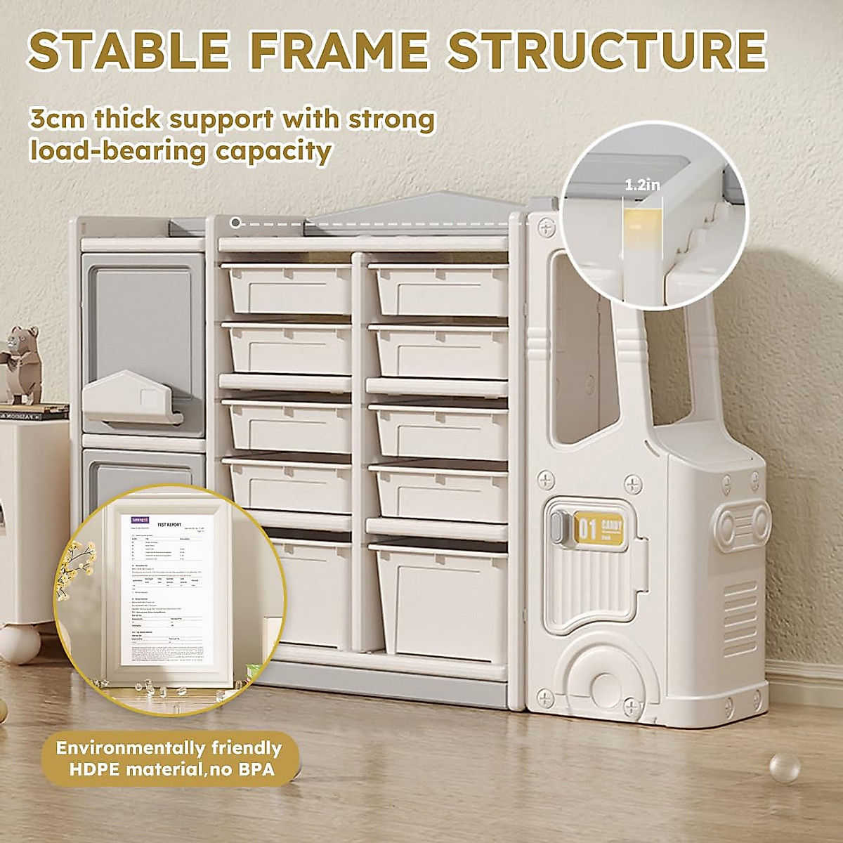 Runboll Toy Storage Organizer Bookshelf Multipurpose Toys Organization Chest Car with 10 Bins 2 Cabinets and 2 Shelves for School, Bedroom, Playroom or Nursery