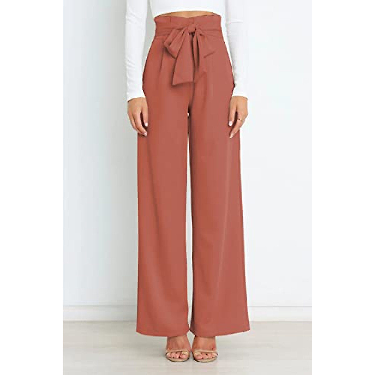 Viatabuna Wide Leg Pants for Women High Waisted Business Casual Pants Work Suit Pants Loose with Pockets and Belt Brick Red