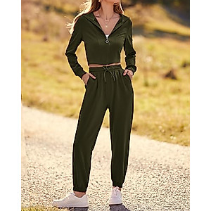 KIRUNDO Two Piece Outfits For Women Tracksuit Long Sleeve Slim Cropped Hooded Jacket Jogger Sweatpants Y2K Sweatsuit Set (Army Green, Medium)