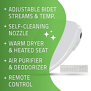 ANZZI Smart Electric Bidet Seat for Elongated Toilets, Heated Seat, Warm Air Dryer, Temperature and Pressure Controlled Functions, Air Purifier and Deodorizer, with Remote Control (TL-AZEB105B)