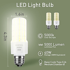 CA New Sunshine 2 Pack 40W Led Light Bulb(300W Equivalent) 5000 Lumens 5000K Daylight White Led Bulbs E26/E27 Medium Base for Indoor Outdoor Street Office Warehouse Workshop Garage Backyard