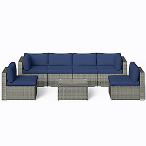 May in Color 7-Piece Modular Outdoor Sectional Wicker Patio Furniture Set with Coffee Table for Porch Balcony Backyard, Dark Blue