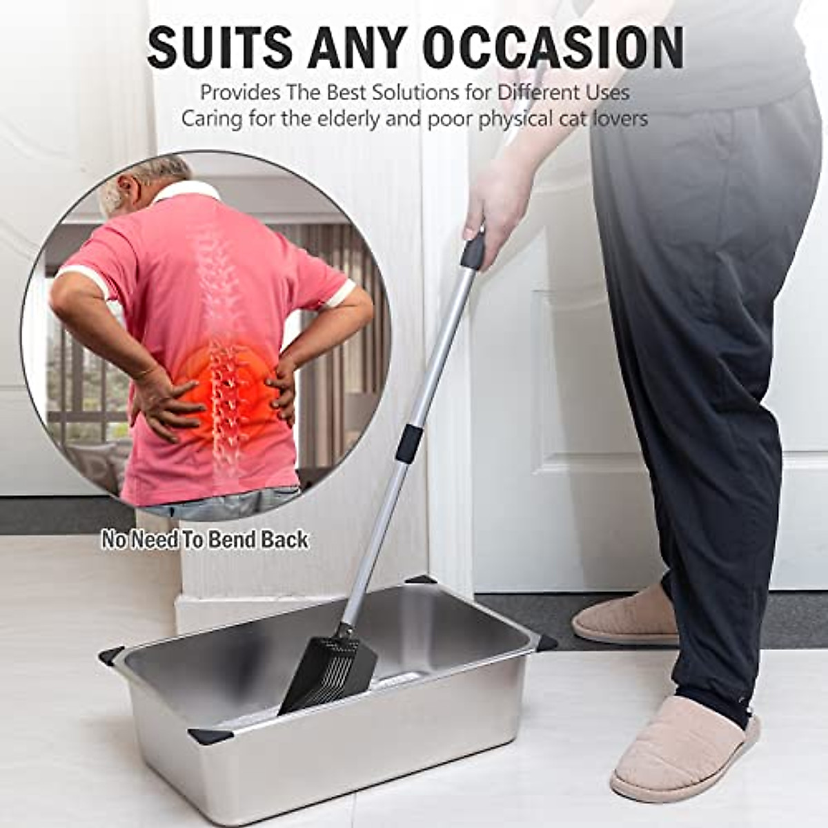 PUPTECK Metal Cat Litter Scoop - Long Handle Adjustable Kitty Litter Scooper with Deep Shovel, Stainless Steel & Non-Stick Cat Litter Sifter