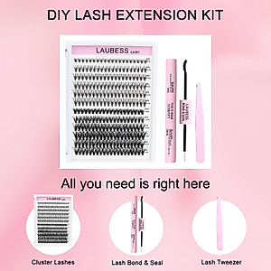 Lash Extension Kit 20D+40D Lash Clusters Kit Lash Bond and Seal Waterproof Individual Lashes Kit DIY Lash Extension Kit Lash Tweezers Eyelash Extension Kit (Set 20D+40D-0.07D-9-16Mix)