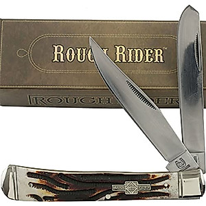 S.S. Folding Knives Rough Rider Stag Bone Handles Trapper Pocket Knife Rr154 2 Open Folding Blades Outdoor Survival Hunting Knife for Camping by Survival Steel