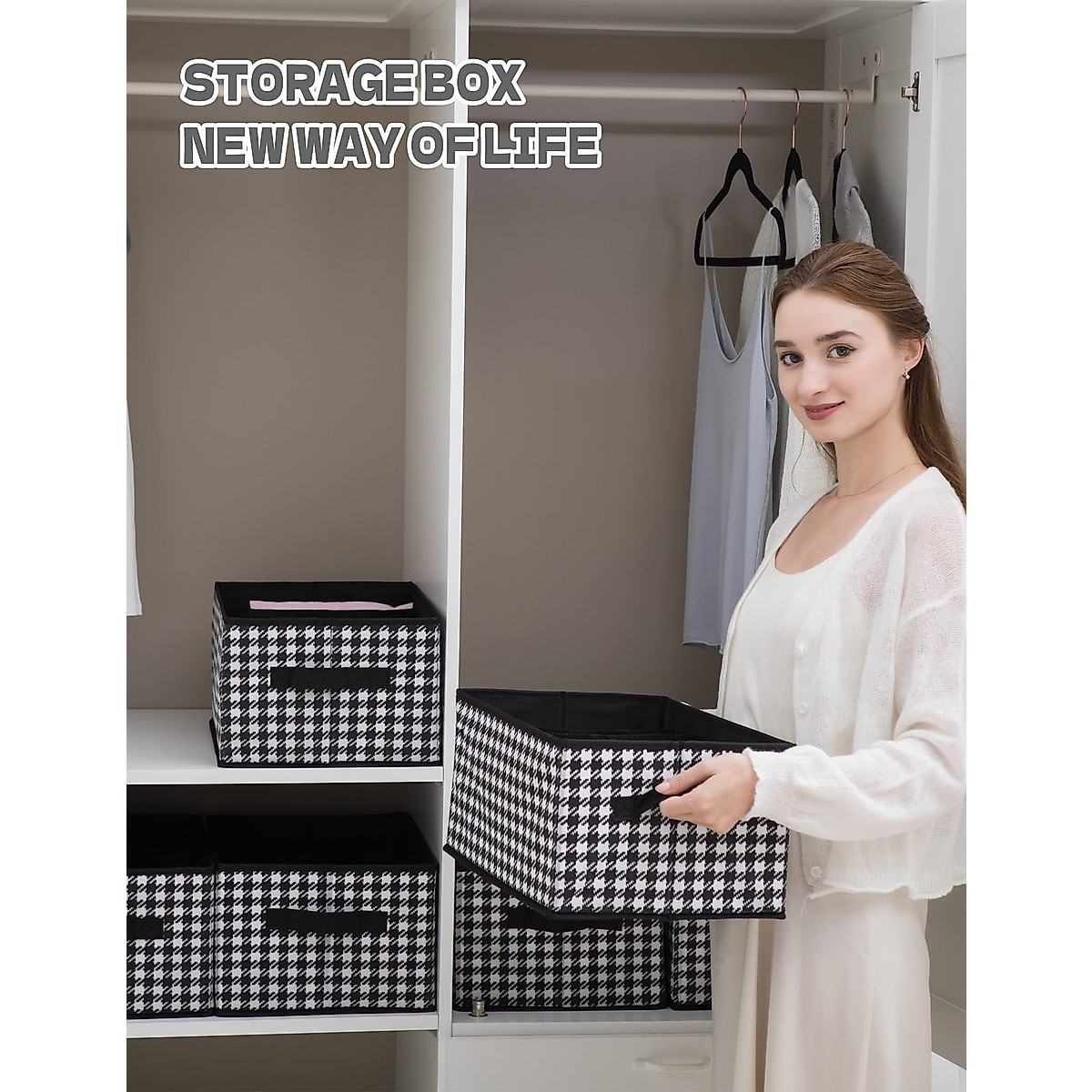 MYTHAUS 3 Pack Large Wardrobe Clothes Organizer, 6 Grid Closet Organizer for Jeans, Pants, T-Shirts, Underwear, Scarf, Foldable Fabric Drawer Organizer Storage Bin with Dual Handles, Black and White