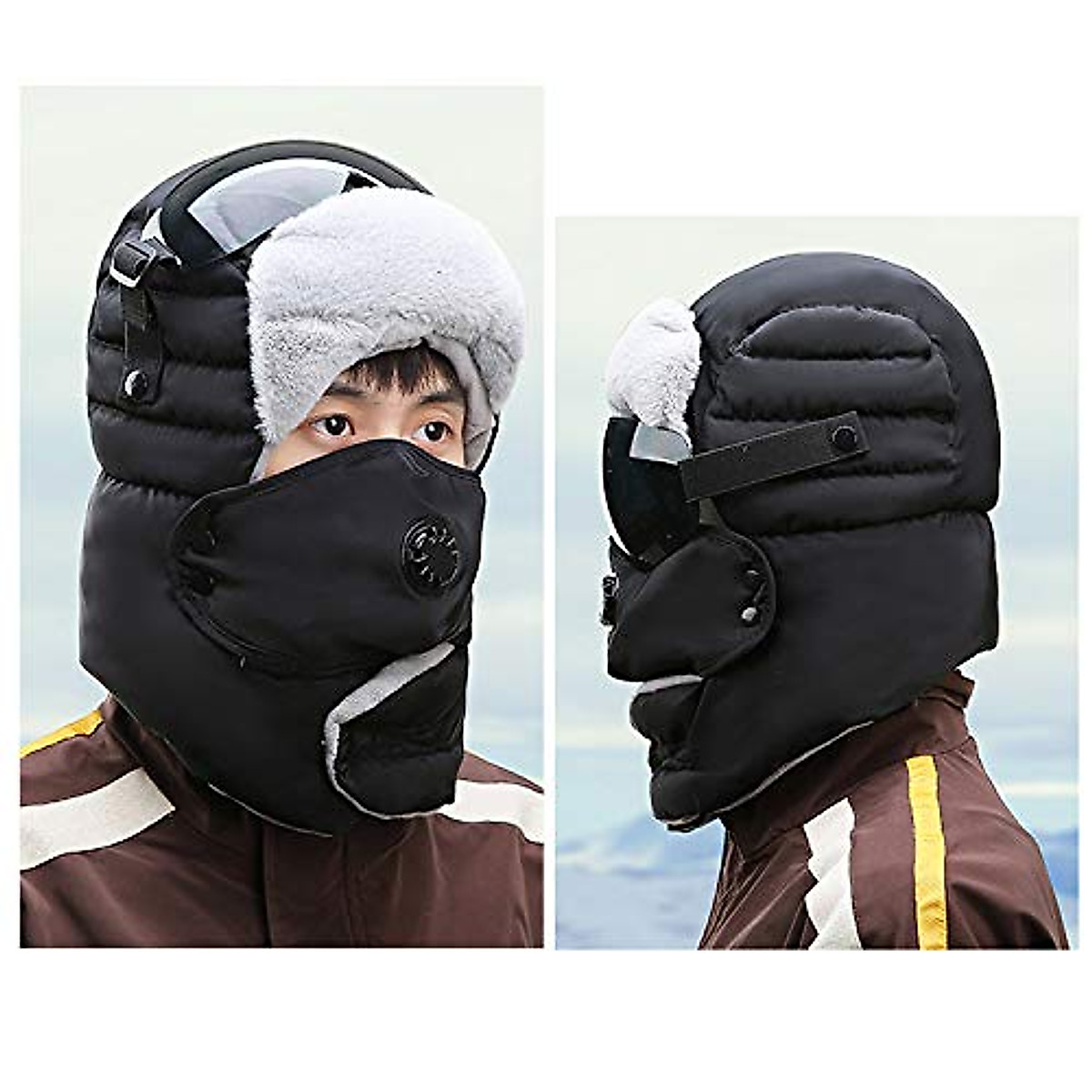 Windproof Full Cover Balaclava with Glasses Men Women Winter Thermal Plush Lining Ski Camping Full Hood Earflap Cap Snowproof Hunting Trapper Hat Cycling Bike Ushanka Russian Hat Black