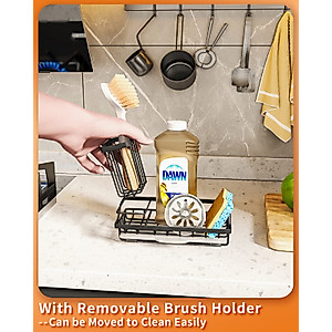 SWTYMIKI Sink Caddy Sponge Holder - Kitchen Sink Organizer with High Brush Holder for Countertop by the Sink Holding Dish Soaps and Sponges, Stainless Steel, Black