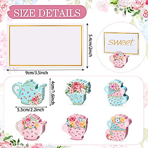 Kigley 18 Pcs Teapot Wooden Place Card Holder with 25 Pcs Gold Foil Card Tea Floral Party Wooden Table Sign Teapot Picture Number Sign Stands Holder for Wonderland Tea Party Baby Shower (Stylish)