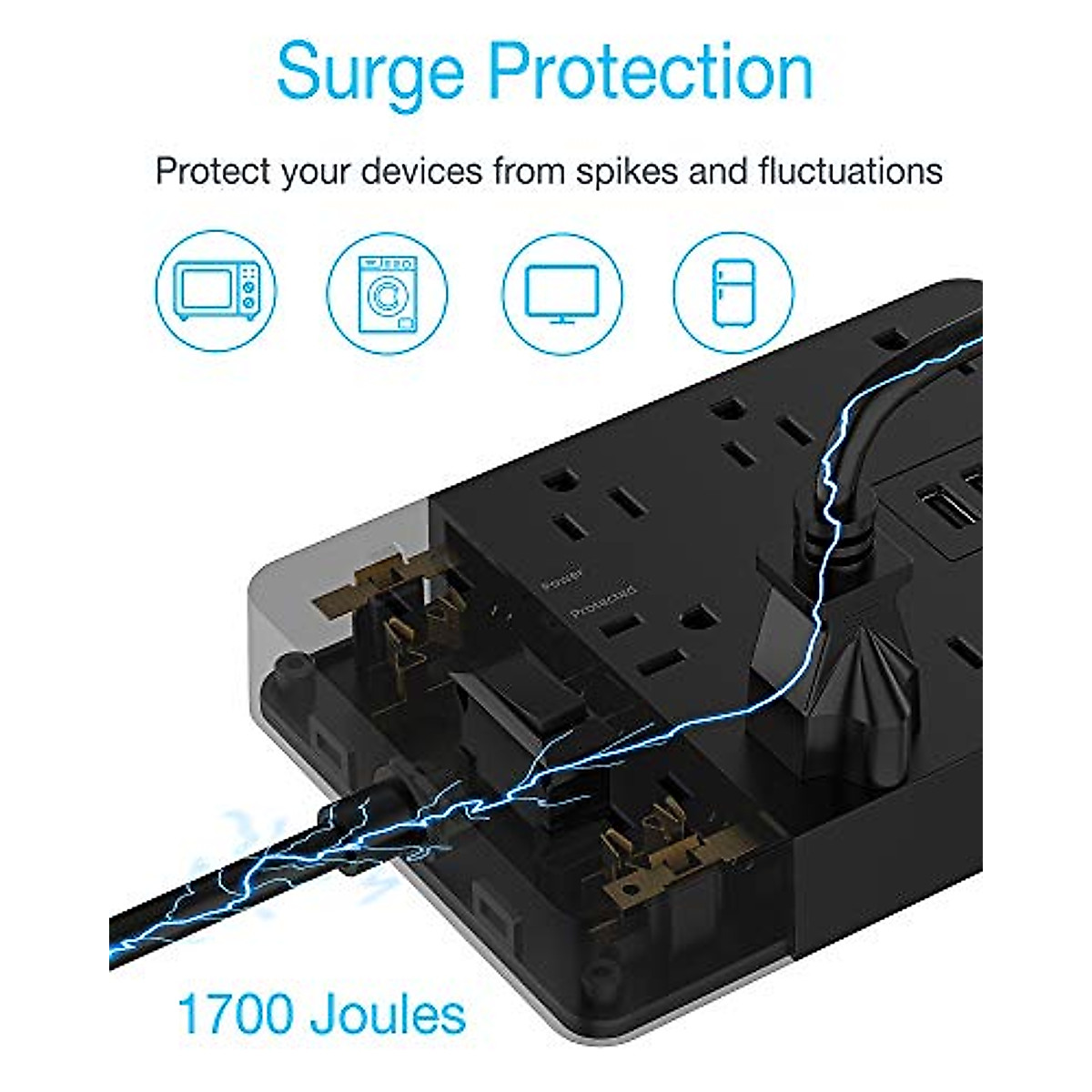 Surge Protector Extension Cord 10 Ft Black, TESSAN Flat Plug Power Strip with 10 Wide-Spaced AC Outlets and 3 USB Ports, 1875W/15A, 1700J Protection, Wall Mount Outlet Strip for Home, Office, School