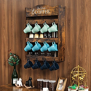 PAG Wall Mounted Coffee Mug Rack Tea Cup Organizer Display Shelf with Coffee Sign, 3 Tier & 12 Hooks, Antique Brown