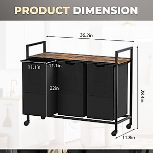 YESHOMY Laundry Sorter with Shelf, 3 Removable & Pull-Out Hamper Bags with Side Pockets, Large Clothes Organizer with Rolling Lockable Wheels, 3 x 12 Gal, Black