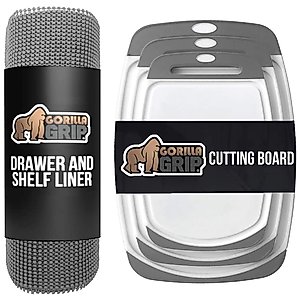 Gorilla Grip Drawer and Shelf Liner and Durable Kitchen Cutting Board, Shelf Liner Size 12 in x 20 FT, Strong Grip, Cutting Board Set of 3, Nonslip Handle and Border, Both in Gray, 2 Item Bundle