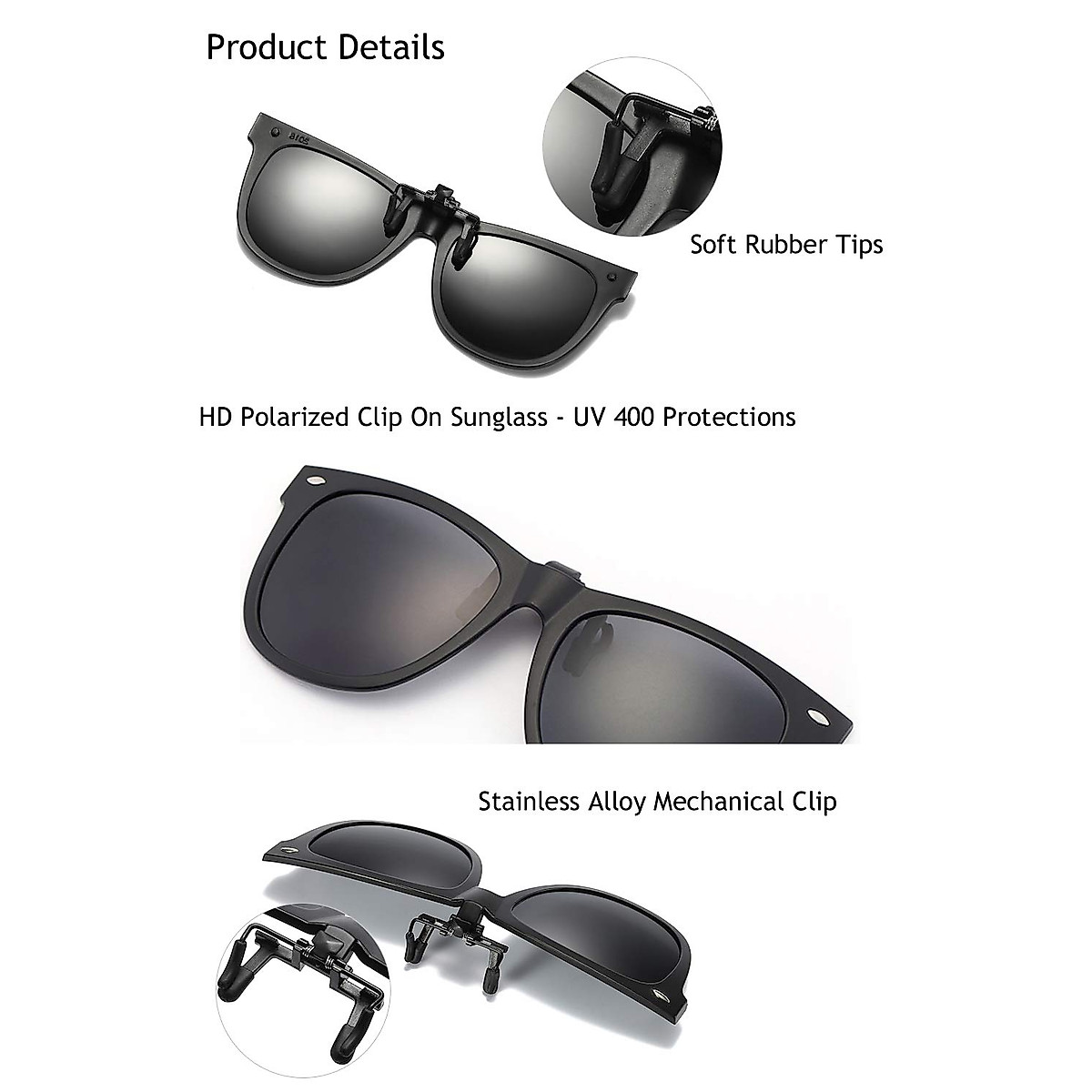 OopsMi Polarized Clip-on Sunglasses Unisex Anti-Glare Driving Sunglasses With Flip Up for Prescription Glasses (Black Lens)