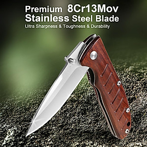 Vickay Pocket Knife for Men, Folding Knives 8Cr13MoV 2.95" Steel Blade, Wood Handle, Line Lock Knife with Clip, EDC Knife Ideal for Outdoor Camping, Fishing, Hunting, Tactical Gift (Brown)