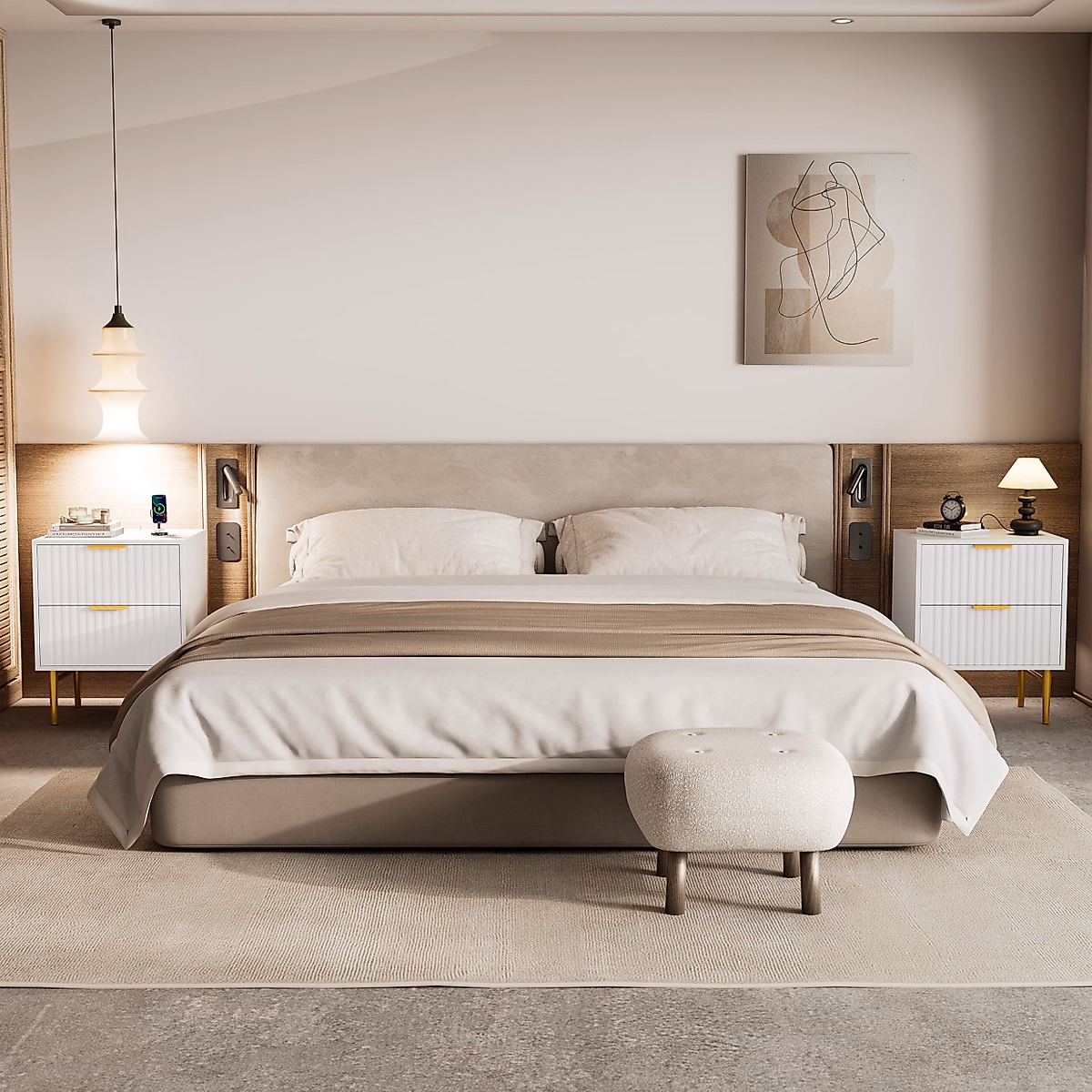 HQZX White Nightstand Set of 2 with Charging Station, Fluted Nightstand with Drawers, Modern Bedside Table with Gold Legs, End Table for Bedroom