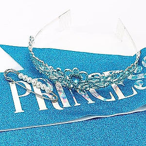 CIEHER Princess Crown and Birthday Sash Set, Blue Birthday Crown Birthday Girl Crown Birthday Tiara for Women Birthday Decorations for Girls Happy Birthday Accessories Birthday Gifts