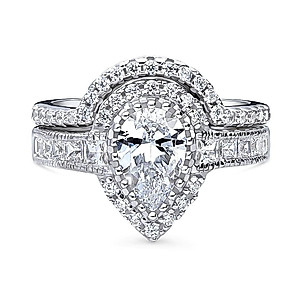 BERRICLE Sterling Silver Halo Wedding Engagement Rings Pear Cut Cubic Zirconia CZ Milgrain Ring Set for Women, Rhodium Plated Size 6
