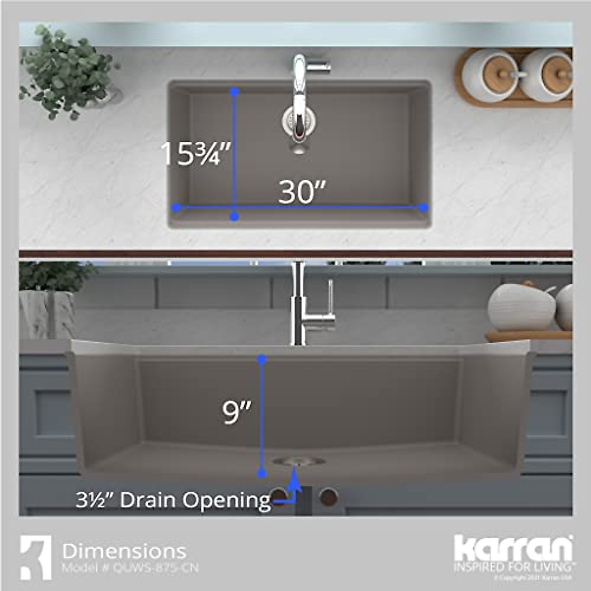 Karran QUWS-875 Undermount 32.5 in. Large Single Bowl Quartz Workstation Kitchen Sink in Concrete