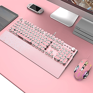 Basaltech Typewriter Keyboard and Mouse Combo, Pink Gaming Keyboard with White LED Backlight, Round Keys Blue Switch Mechanical Keyboard with Magnetic Removable Wrist Rest for Game and Office