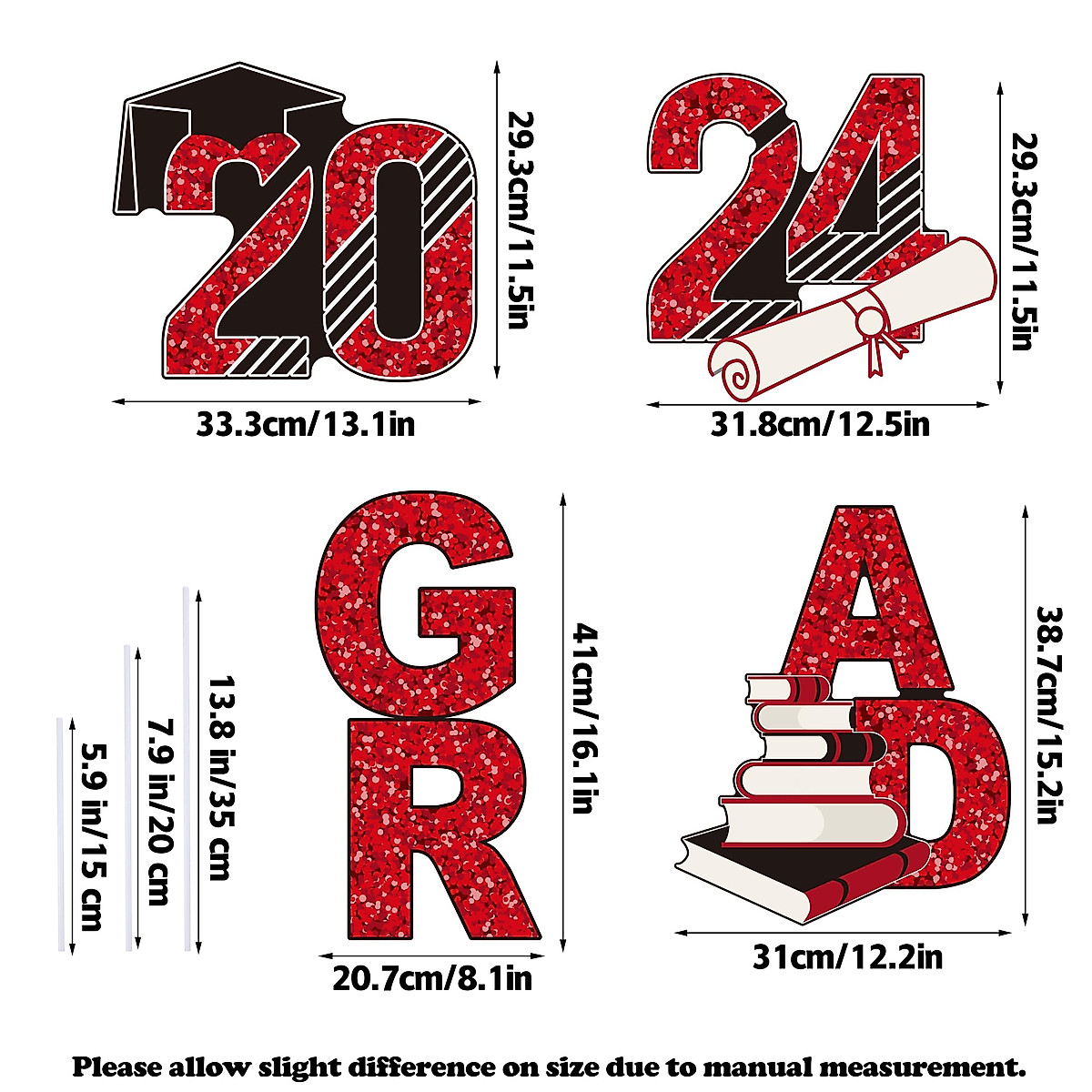 URATOT Red ''2024 GRAD'' Yard Signs Including 4 Pieces Glittering Graduation Yard Signs with 8 Pieces Stakes Party Outdoor Decorations, Waterproof Lawn Decor, Graduation Party Supplies