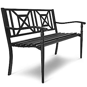 Safstar Outdoor Garden Bench, Metal Porch Bench Seat with Slated Seat & Decorative Backrest, 2-Person Loveseat for Patio Garden, Powder Coated Iron Frame, Patio Bench Front Door Bench for Outside