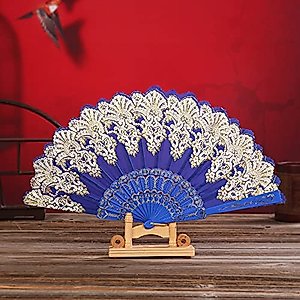 RAZZUM Decorative Folding Fans Luxury Fashion Folding Fan Flower Lace Silk Wedding Dance Party Stage Performance Decoration Fashion Hot Stamping Hand Held Fan Fan (Color : Deep Blue)