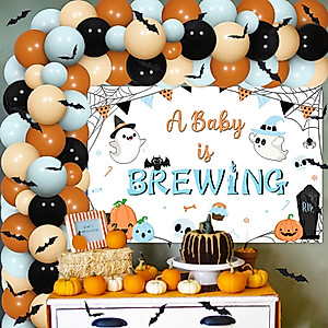 Halloween Baby Shower Decorations for Boys - A Baby is Brewing Backdrop, Blue and Orange Black Bat Balloons Garland Arch Kit