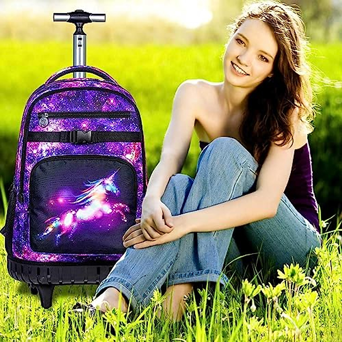 UFNDC 3PCS Rolling Backpack for Women, Adults Unicorn Backpacks with Wheels for Girls，Travel Roller Wheeled Bookbag