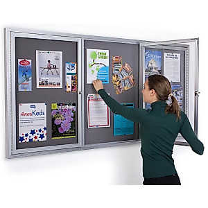 72 x 36 Inch Fabric Tack Board, 3 Locking Swing-Open Doors, 6 x 3 Foot Enclosed Bulletin Board for Wall Mount, Hardware Included - Silver Aluminum Frame with Light Gray Fabric