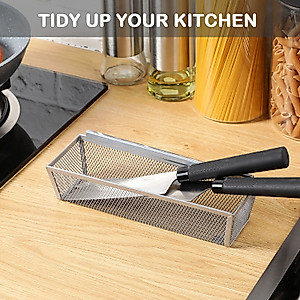 12 Set Silverware Drawer Organizer Mesh Utensil Drawer Organizer for Kitchen Cutlery Trays Holder Steel Metal Flatware Storage, 2 Inch High, Silver