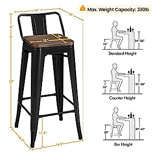 Yaheetech 30 inch Metal Stools Low Back Patio Bar Chairs Set of 4 Counter Height Stools Stackable Industrial Barstools with Wood Top Matte Black