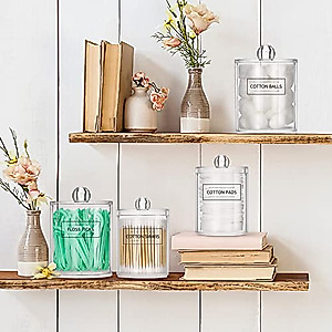 4 Pack Qtip Holder Dispenser - 10oz, 12oz Clear Plastic Apothecary Jars Set - Restroom Bathroom Makeup Organizers Containers for Floss, Cotton Ball, Cotton Swab, Cotton Round Pads, Hair Ties, Bath Salt