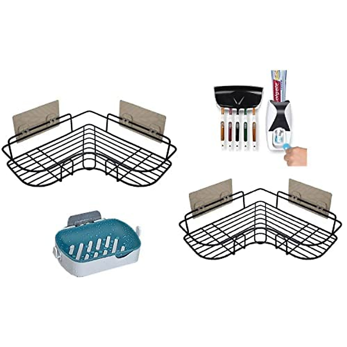 LAMEF 2 Packs Shower Corner Shelf with Soap Holder, Bathroom Shower Organizer with Toothpaste Dispenser and Toothbrush Set Holder, Shower Corner Caddy with Adhesive Hooks for Bathroom Storage