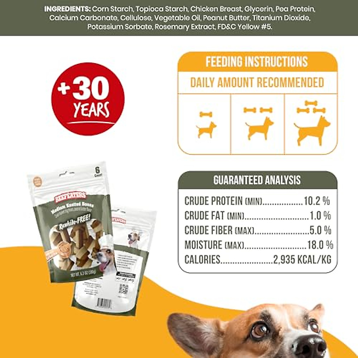 Beefeaters Dog Treats - Medium Knotted Bone Peanut Butter Flavor 6ct | Rawhide Free Dog Food | Real Chicken No Artificial Flavor | Digestion-Friendly, Cleans Teeth | Training Treat for All Dog Sizes