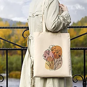 Kazova Line Flowers Cotton Canvas Bags Reusable Tote Bag Grocery Shopping Bag Minimalist Art Shoulder Bags Girls Bags Boho Book Bag