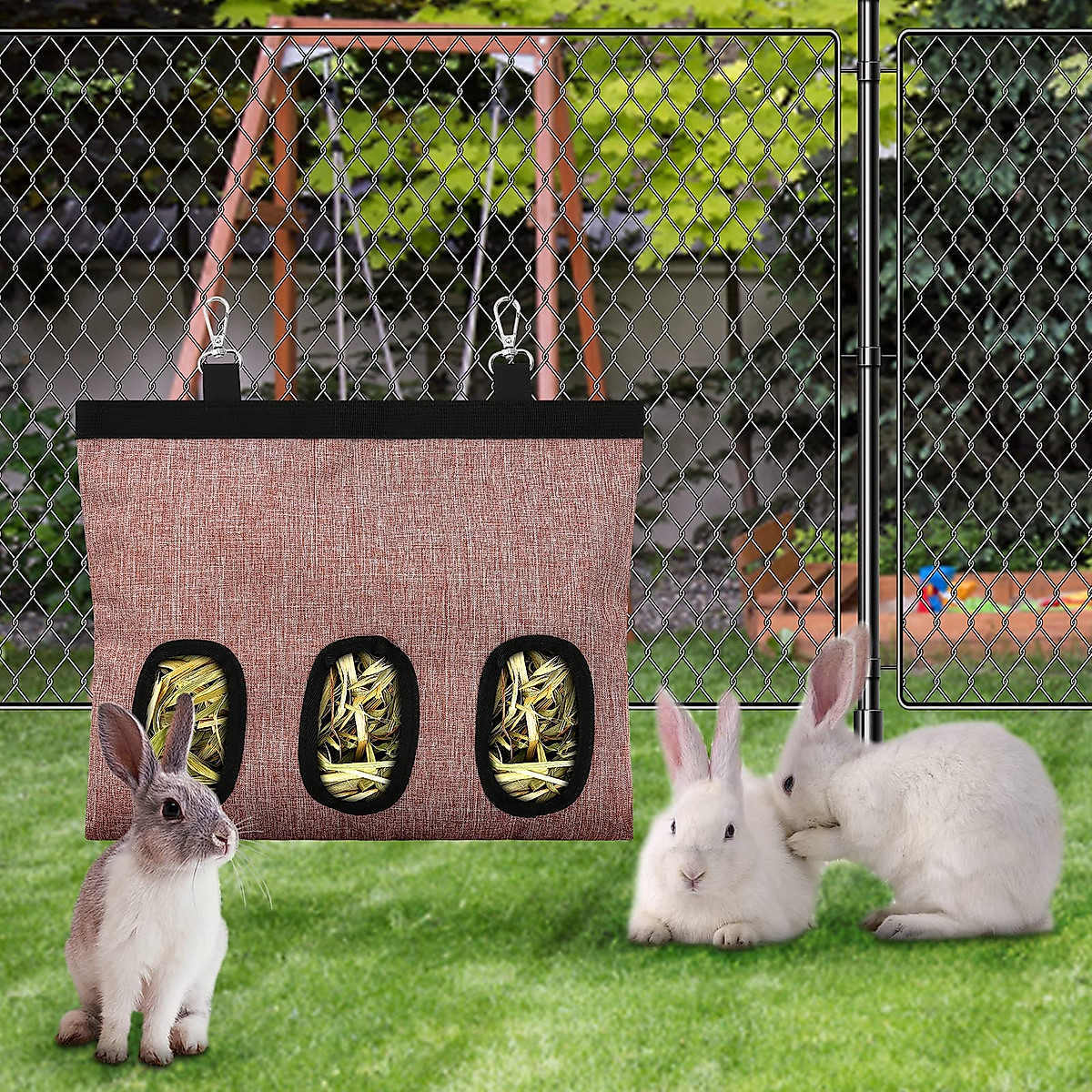 Bunny Hay Feeder Bag，Rabbit Hay Feeder Bag for Cage Guinea Pig Timothy Hay Dispenser Storage Manger Hanging Large Less Waste for Bunny (Light coffee color)