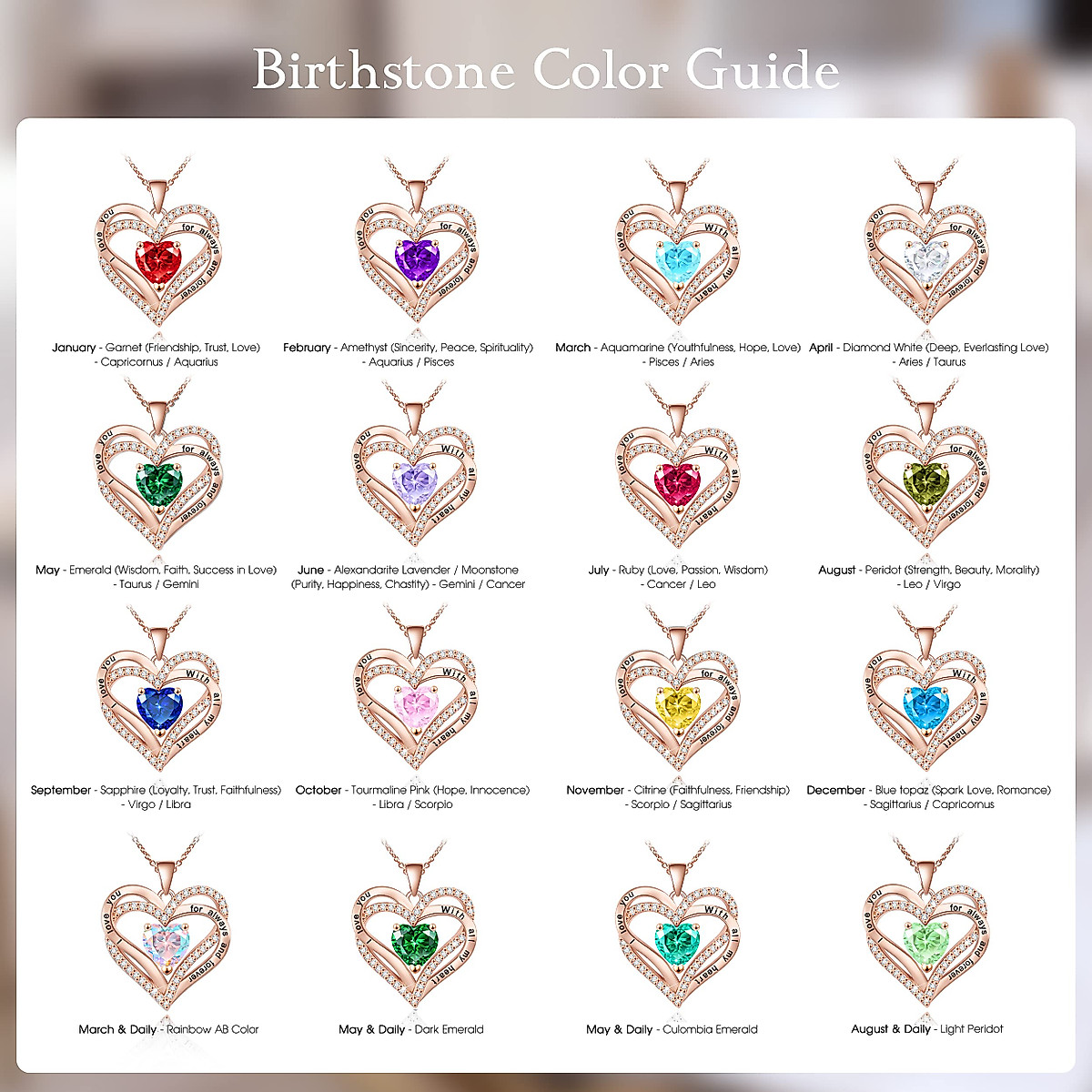 Beauyist Love Heart Birthstone Necklaces for Women, Engraved Pendant Necklace Jewelry Gifts