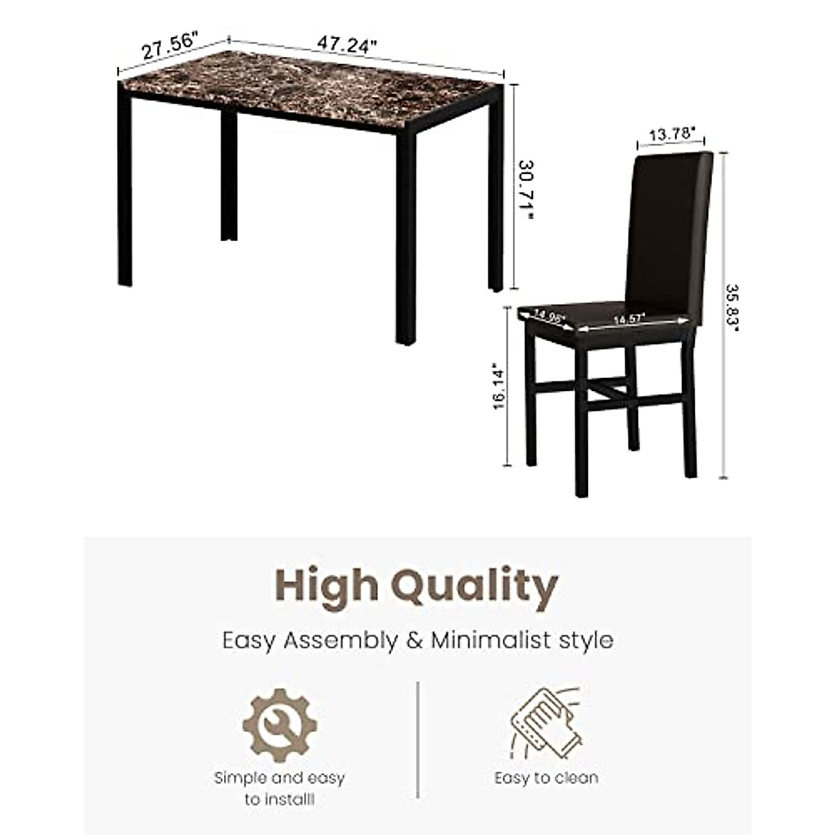 Dining Table Set for 4, Furniture 5 Piece Faux Marble Dining Set, 4 Faux Leather Metal Frame Chairs, Dinette, Compact Space w/Artificial Marble for Small Spaces, Dining Room, Kitchen