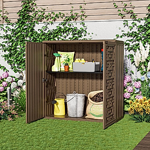 KINYING Outdoor Storage Cabinet Waterproof, Resin 60 Gallon Deck Box for Patio Furniture Cushions, Garden Tools, Pool Tools and Kids’ Toys (Dark Brown with 1 Shelving)