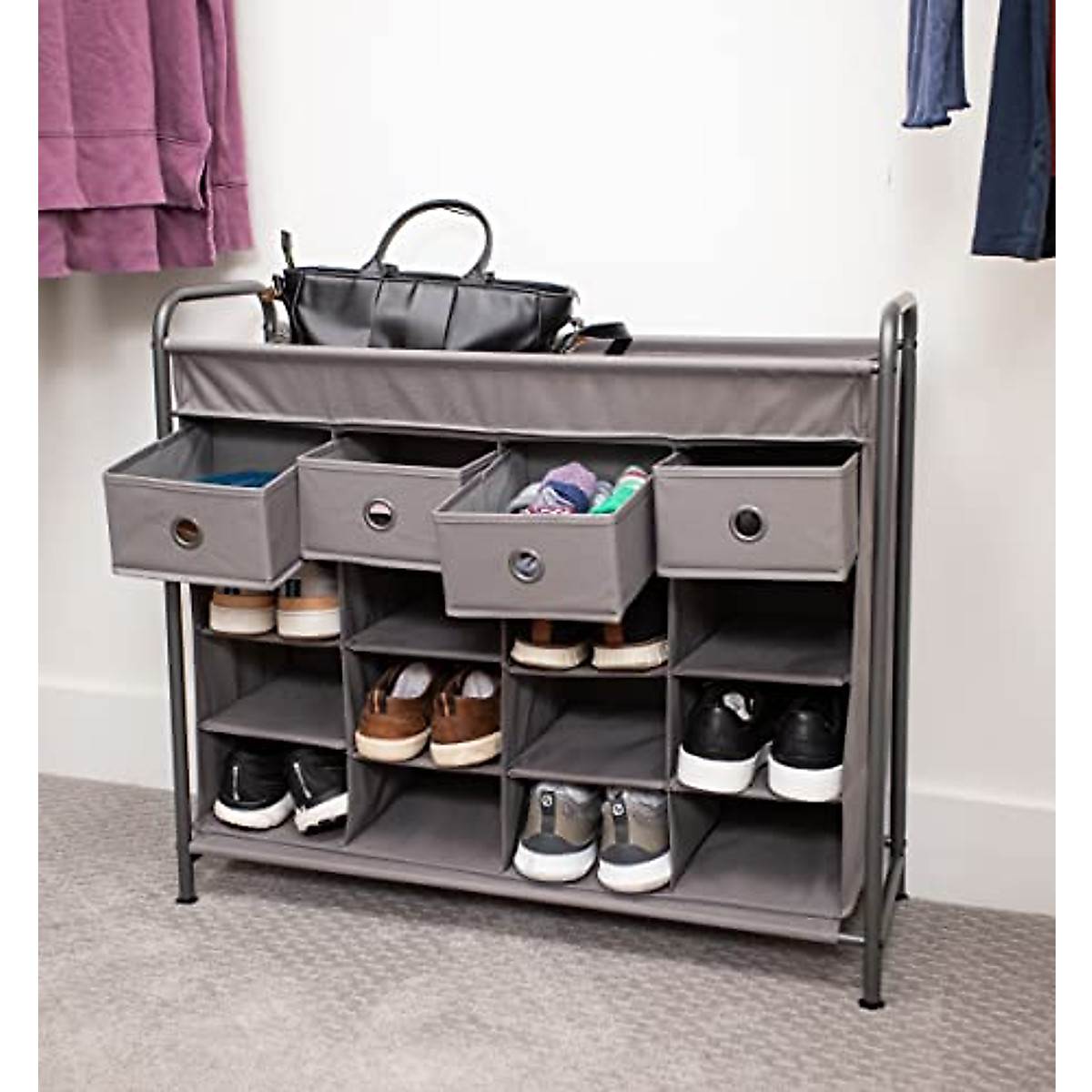 BirdRock Home 16 Cubby Shoe Rack Organizer with 4 Drawers - Grey - Free Standing Cabinet for Closet - Sturdy Metal Frame - Space Saver - Bedroom Organization