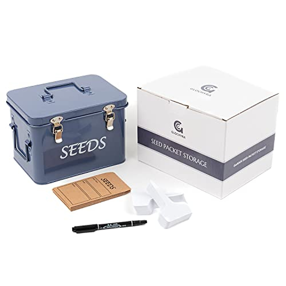 GLOCHYRA Seed Packet Storage Box Garden Seed Storage Organizer - Seed Container Comes with 100 Plant Labels, 10 Seed envelopes, Marker Pen