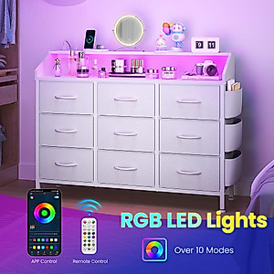 Lulive White Dresser for Bedroom 9 Drawers - Fabric Dressers for Bedroom with LED Light & Charging Station - Adults Chest of Drawers for Living Room Hallway Closet Nursery (White)