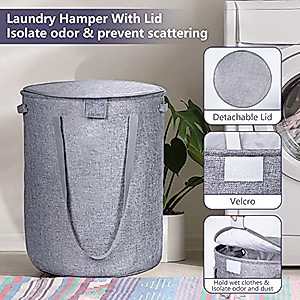 NARUNDREN Laundry Basket with Lid, 70L Round Collapsible Laundry Hamper with Handles, Freestanding Dirty Clothes Hamper Waterproof Lining for Bathroom, Laundry Room Organization Storage (Dark Grey)