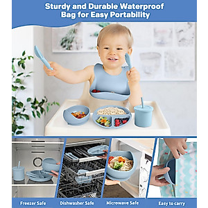 ECLIP Silicone Baby Feeding Set, 10 Pcs Baby Led Weaning Supplies with Suction Bowl Divided Plate Adjustable Bib Soft Spoon Fork Snack Cup with Lid Drinking Cup, Utensil (Blue)