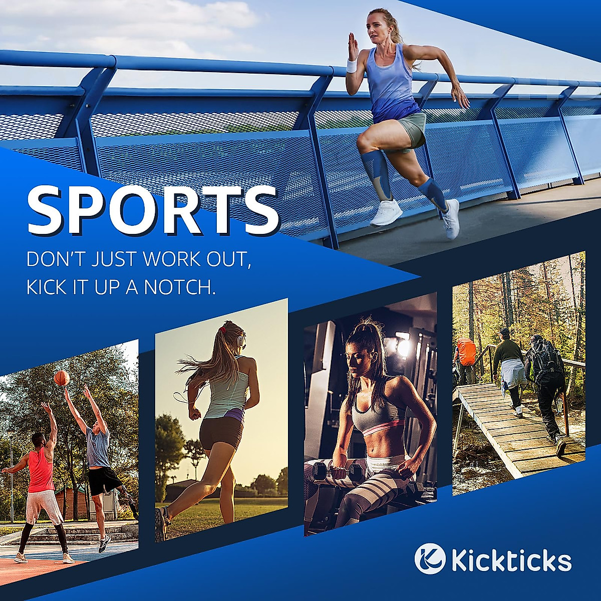 Kickticks Compression Socks 4 Paris for Women & Men 20-30mmhg Knee High Circulation Support for Running Nurse Sport Kinesio Function(Black/Blue/White/Green, S/M)